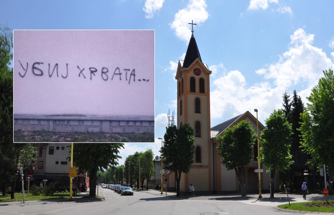 „Ubij Hrvata“ ispisano na zidu crkve Sv. Josipa u Tesliću za vrijeme ...